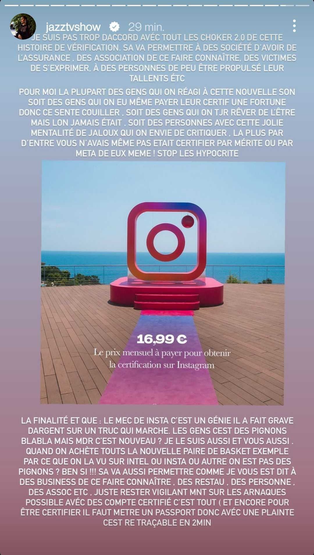 Jazz Correia réagit à la certification payante sur Instagram : "le mec ...