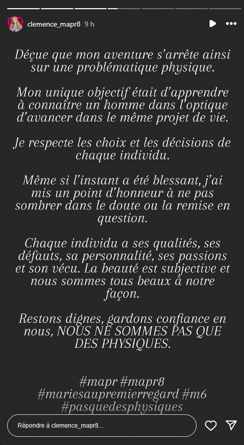 Clémence (MAPR) : son message lourd de sens après le refus de Romain de ...