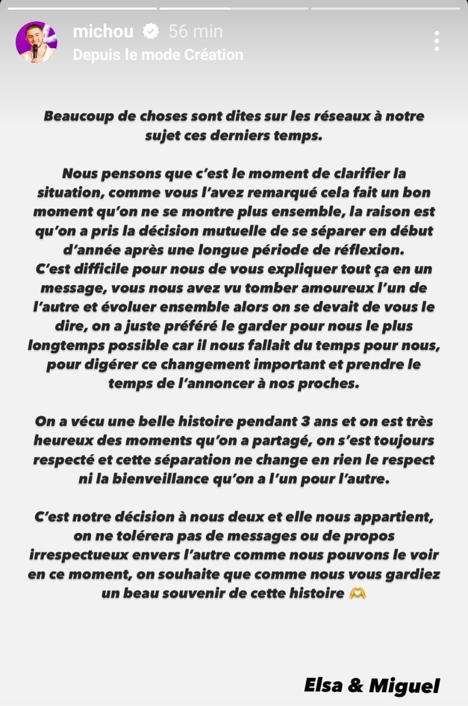 Michou et Elsa Bois annoncent leur séparation : "On a vécu une belle ...