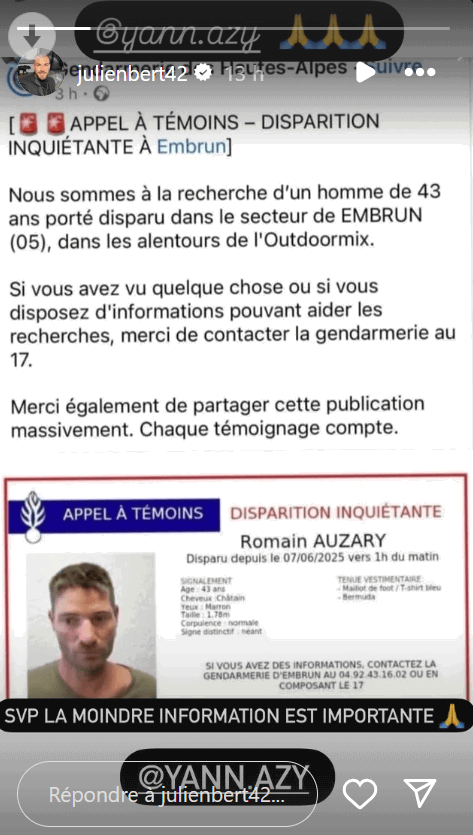 Julien Bert partage un appel à témoin pour aider un proche : "La ...